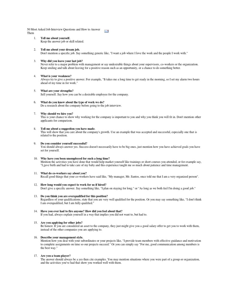 50 Most Asked Job Interview Questions and How To Answer Them | PDF ...