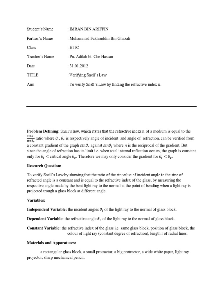 Verifying Snell's Law Experiment | PDF | Refraction | Refractive Index