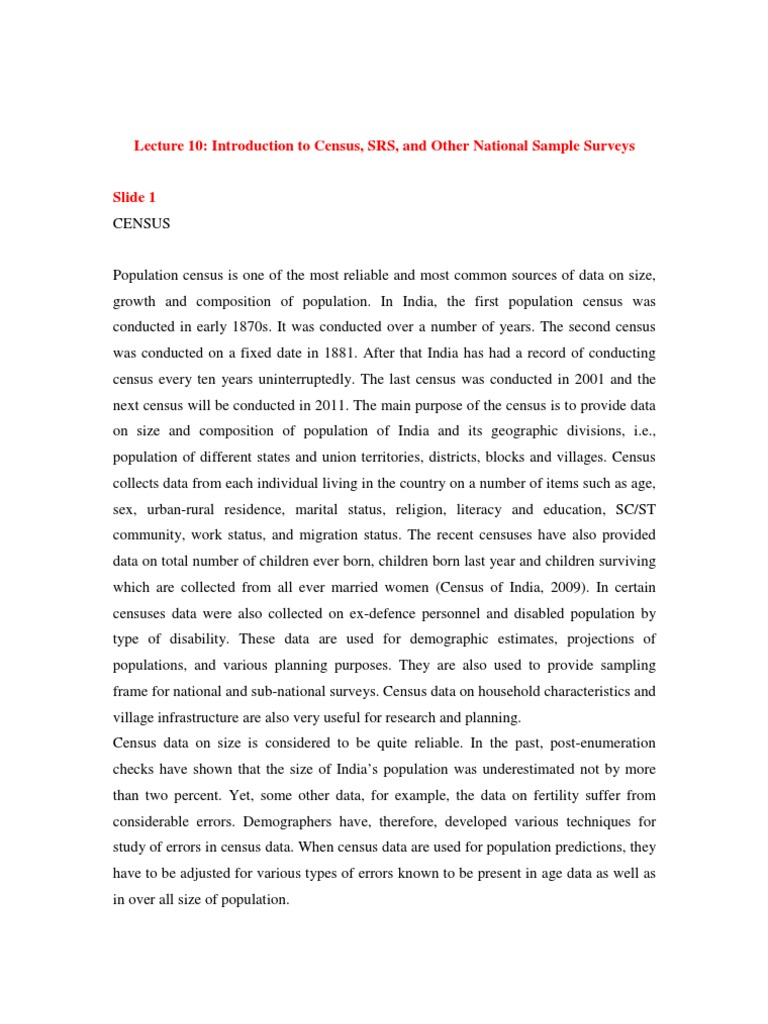 Lecture 10: Introduction To Census, SRS, and Other National Sample ...