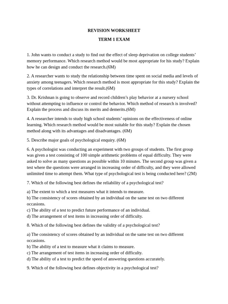 Revision Worksheet-Term 1 Exam Questions | PDF | Psychology | Validity ...