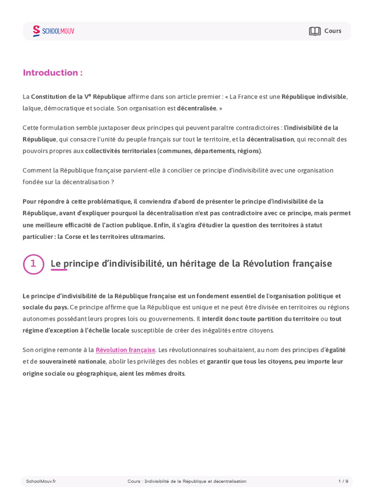 Indivisibilite Republique Decentralisation Fiche de Cours | PDF ...
