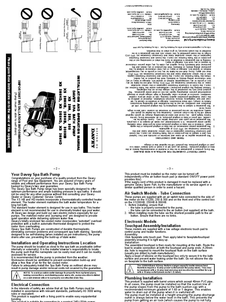 Davey Manual (XS Unheated) Spa Pump | PDF | Vacuum Tube | Pump