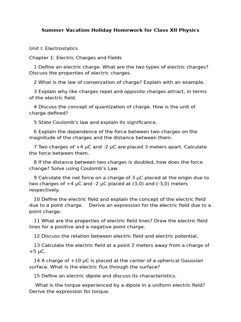 Summer Vacation Holiday Homework For Class XII Physics 2026-27 | PDF ...