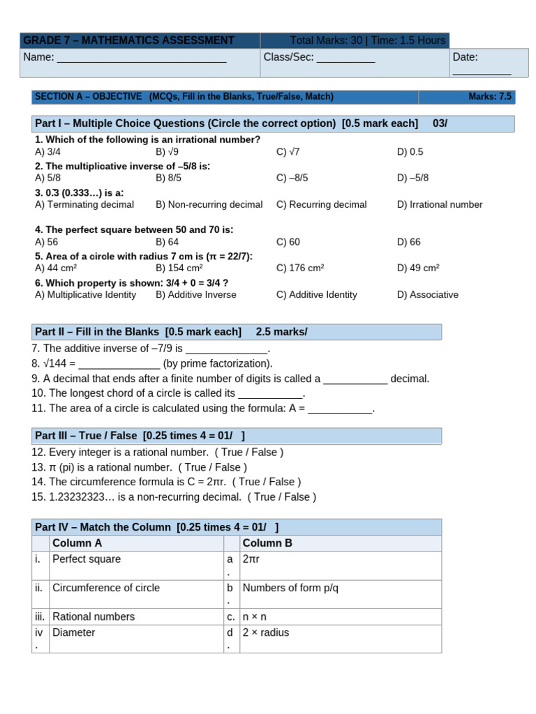 Grade7 Math Assessment | PDF | Numbers | Pi