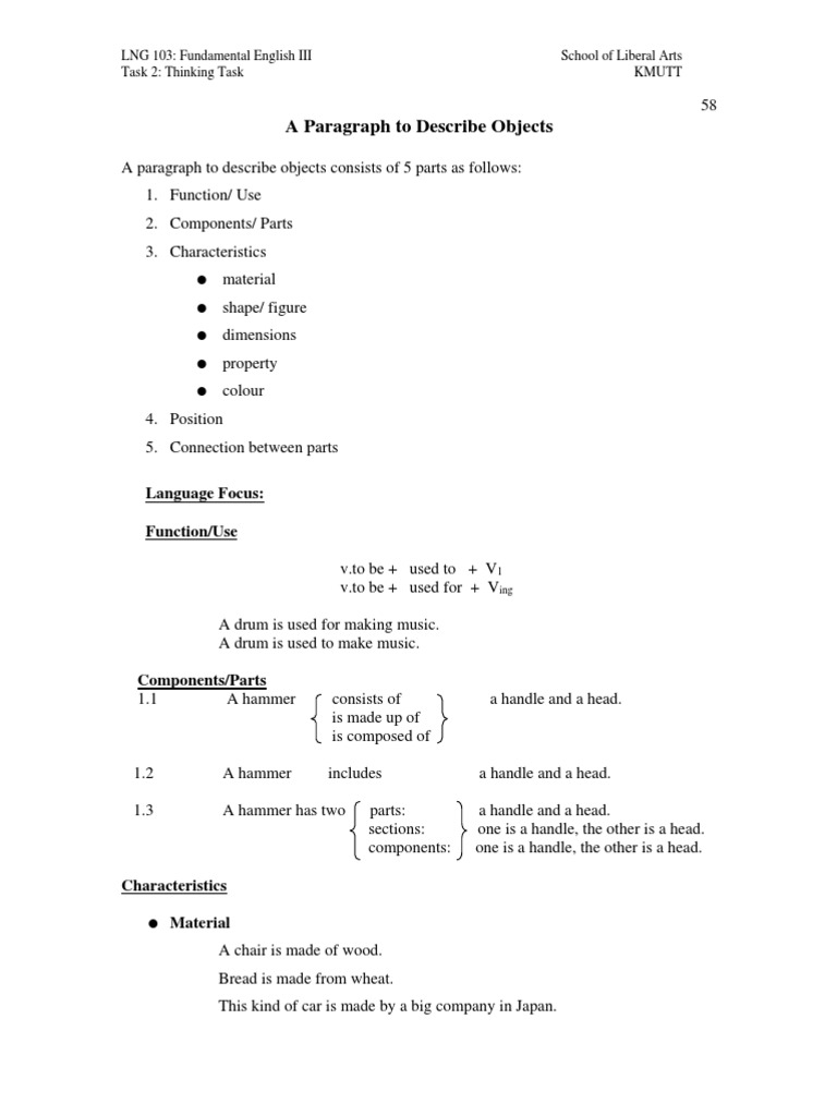 A Paragraph To Describe Objects: Language Focus: Function/Use | PDF ...