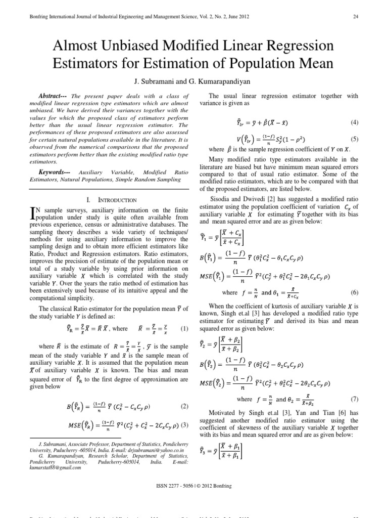 850B8d01 JS and GK Paper in BIJ Almost Unbiased Modified Linear Regression Estimators For ...