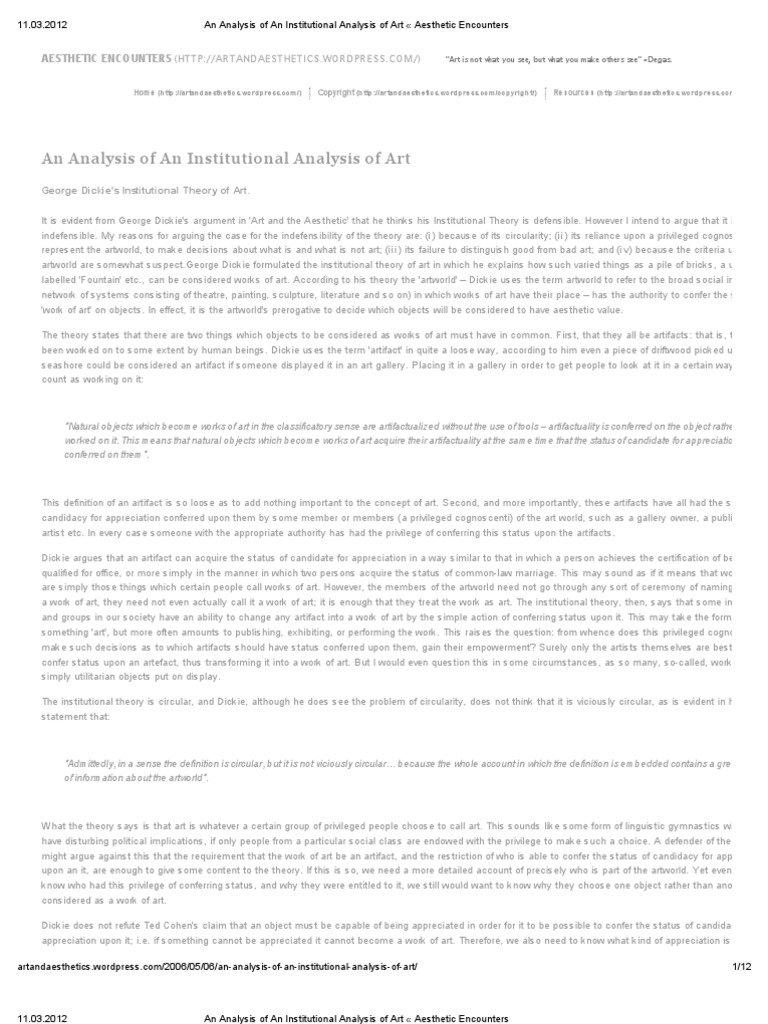An Analysis of An Institutional Analysis of Art Aesthetic Encounters ...
