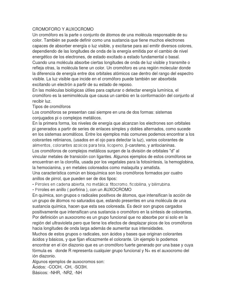 Cromóforos y Auxocromos: Conceptos Clave | PDF | Cromóforo | Atómico