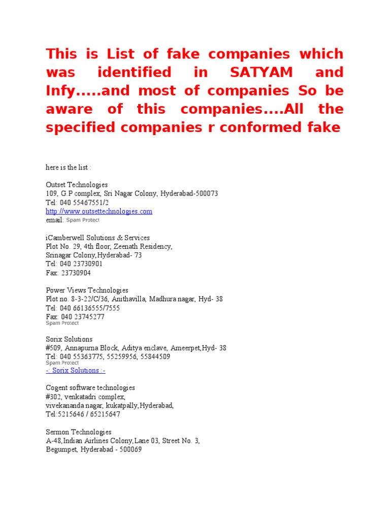 Fake Company List by Satyam & Infosys | PDF | Bangalore | Business