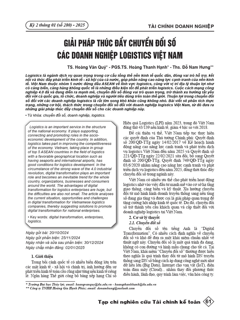 Giai Phap Thuc Day Chuyen Doi So Cac Doanh Nghiep Logistics Viet Nam | PDF