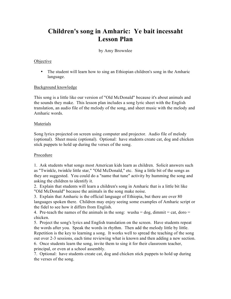 Childrens Song Lesson Plan | PDF | Songs | Sheet Music