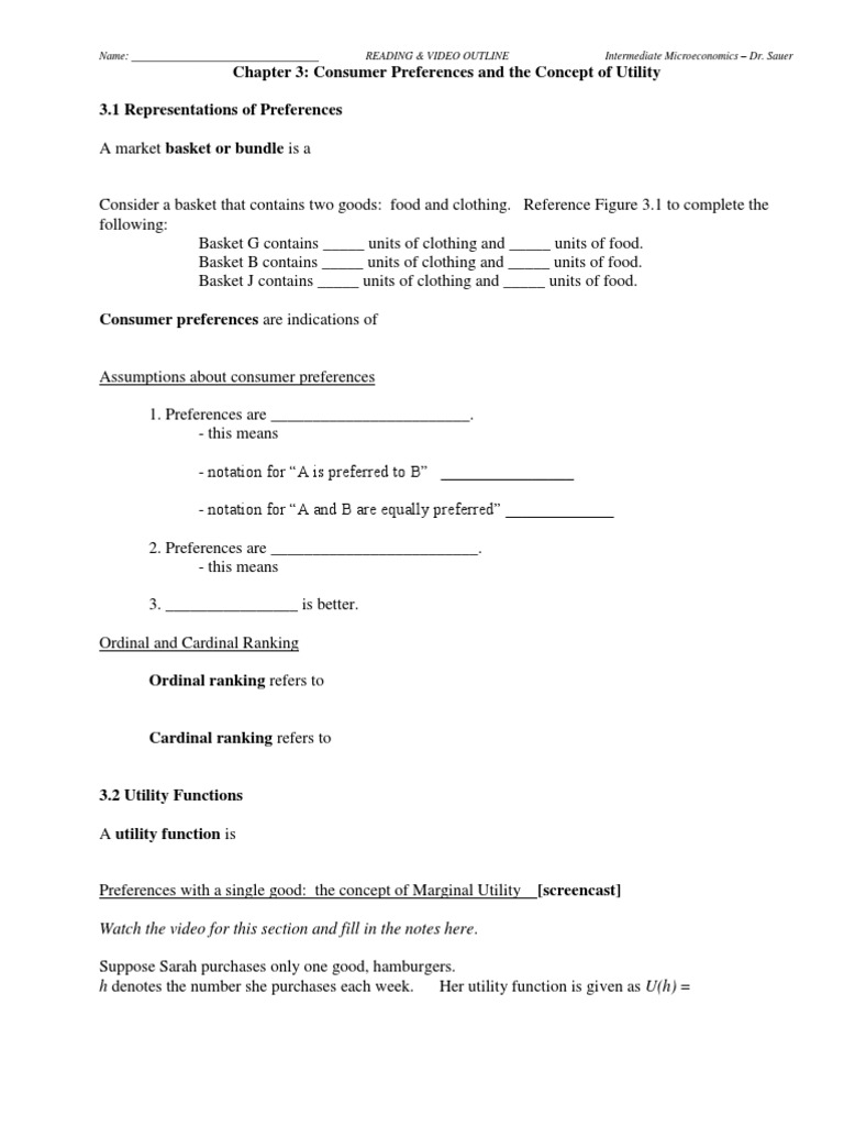 IntMicro ReadingOutline Ch03 Preferences | PDF | Utility | Marginal Utility