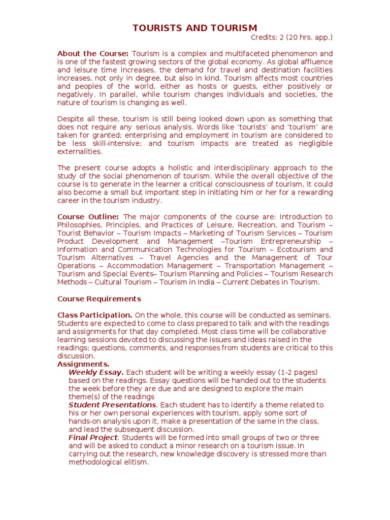 Tourists and Tourism - Syllabus | PDF | Tourism | Essays