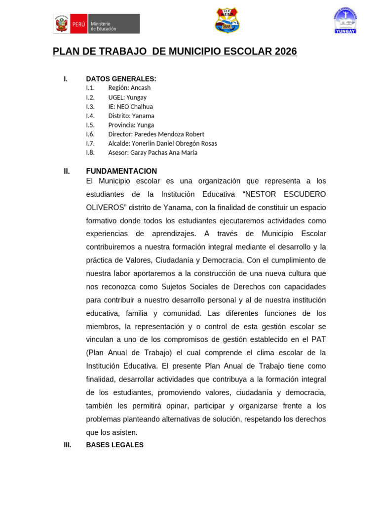 Municipio Escolar 2026 Chalhua | PDF | Deportes | Escuelas