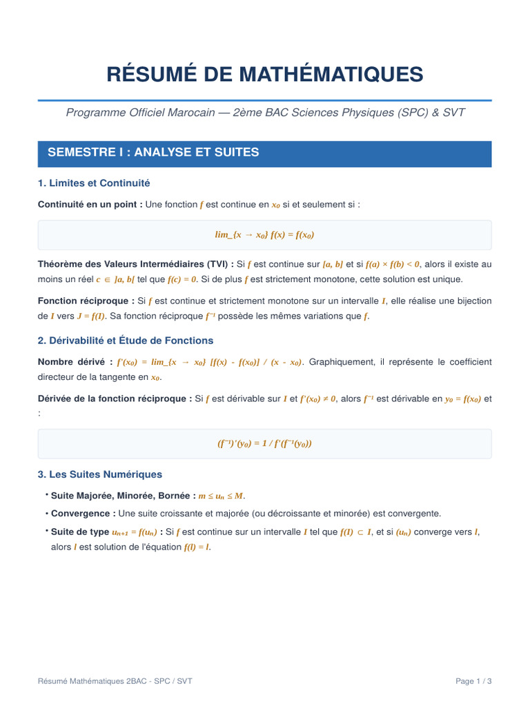 Resume Math 2BAC SPC | PDF | Mathématiques