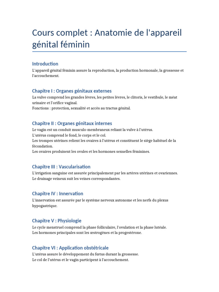 Cours Complet Anatomie Appareil Genital Feminin ISTM-2 | PDF