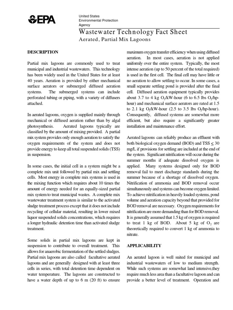 Aerated Lagoons - EPA Fact Sheet | PDF | Sewage Treatment | Water Pollution