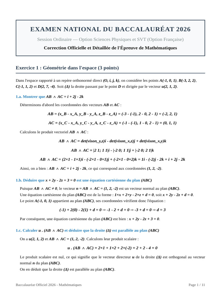 Correction Examen National 2026 Maths | PDF | Droite (mathématiques ...