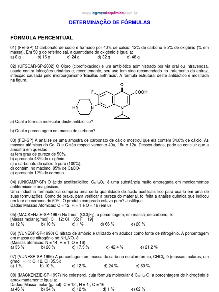 Fórmula Percentual Determinação De Fórmulas Pdf Carbono Mol