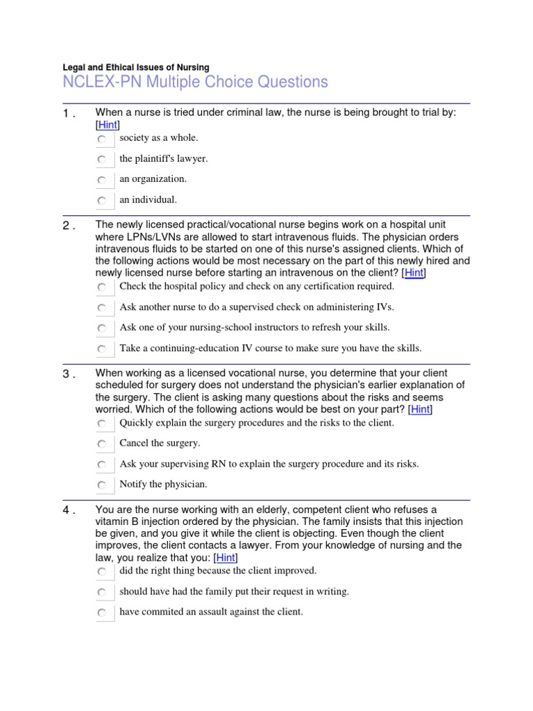Nursing Ethics NCLEX-PN Practice Questions | PDF | Nursing | Liability ...