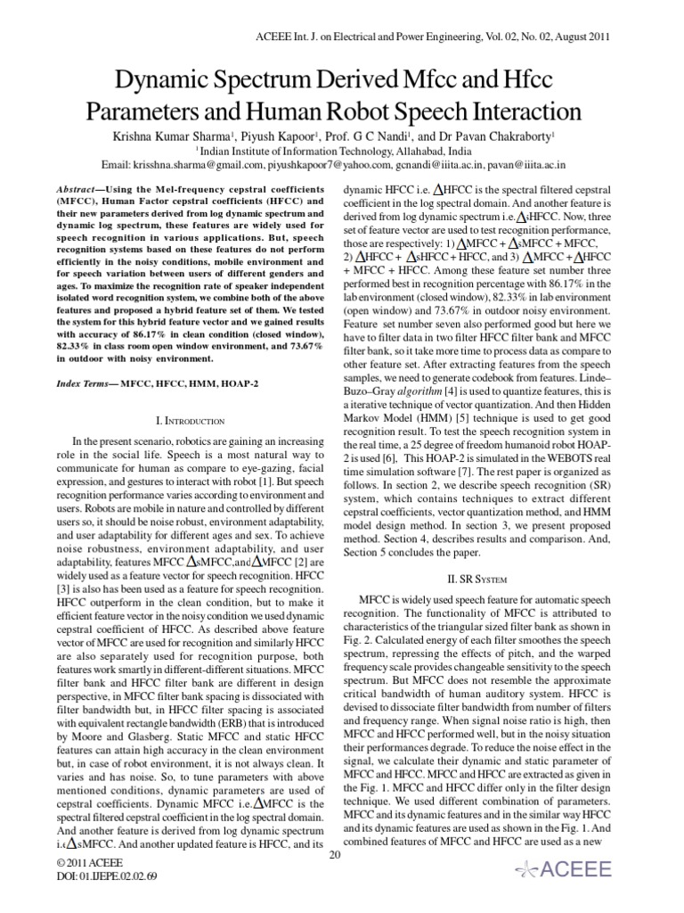 Dynamic Spectrum Derived Mfcc And Hfcc Parameters And Human Robot Speech Interaction Pdf