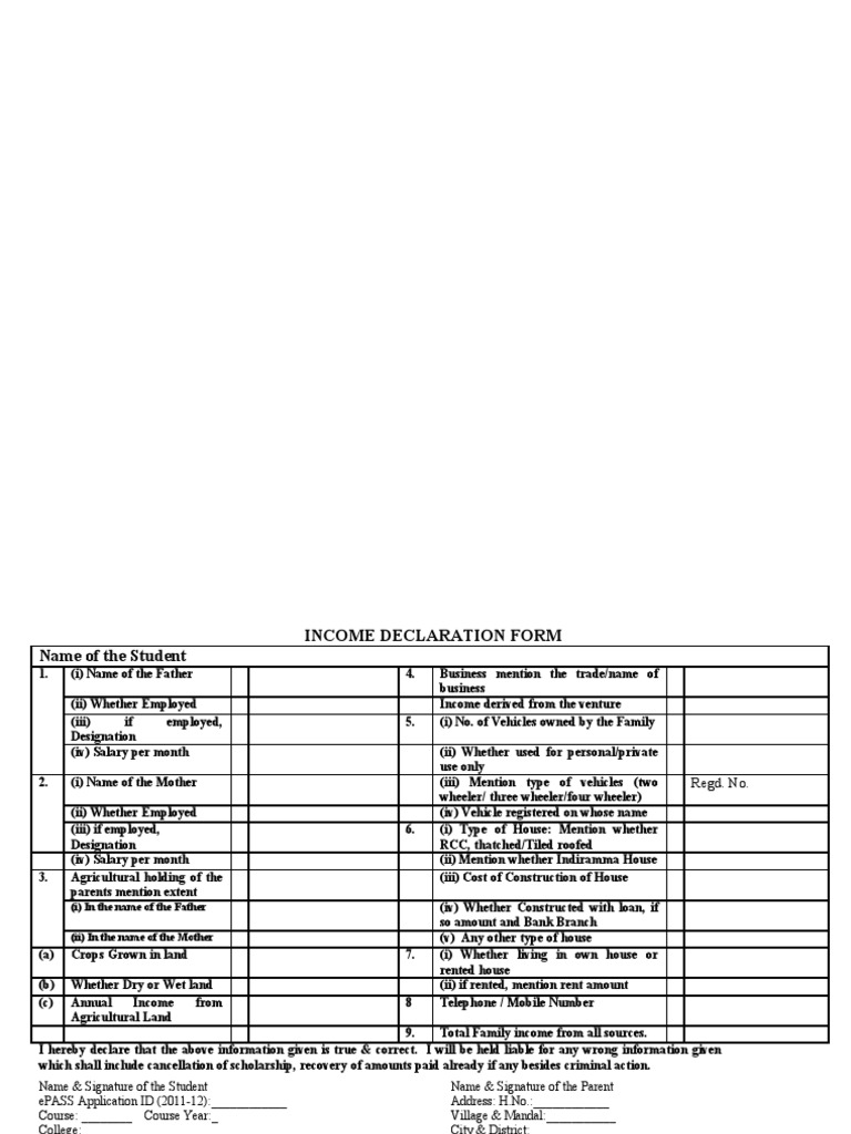 Income Declaration Form for Scholarships | PDF