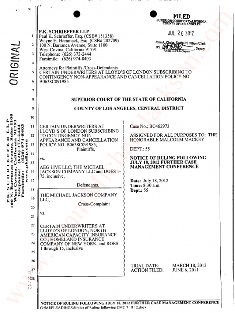 Notice of Ruling Following July 18, 2012 Further Case Management ...