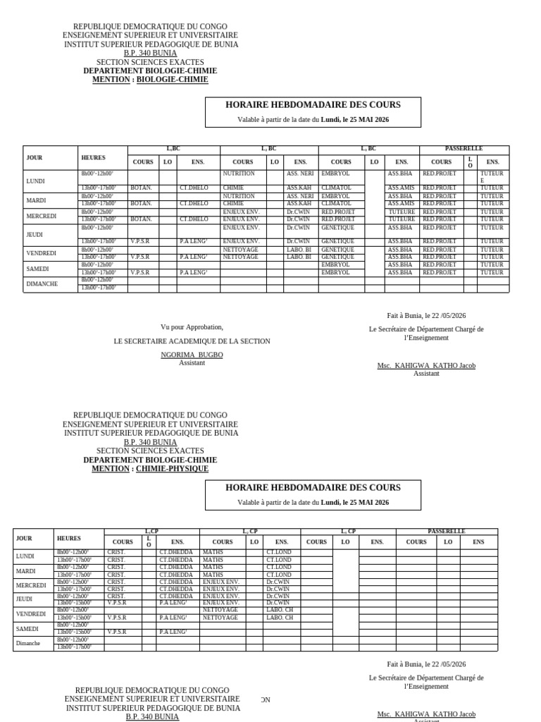 Isp Bunia Horaire Ebdo Des u.e Du 04 Mai Au 09 Mai 2026 | PDF