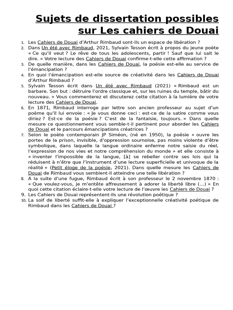 788933265 10 Sujets de Dissertation Possibles Sur Les Cahiers de Douai ...