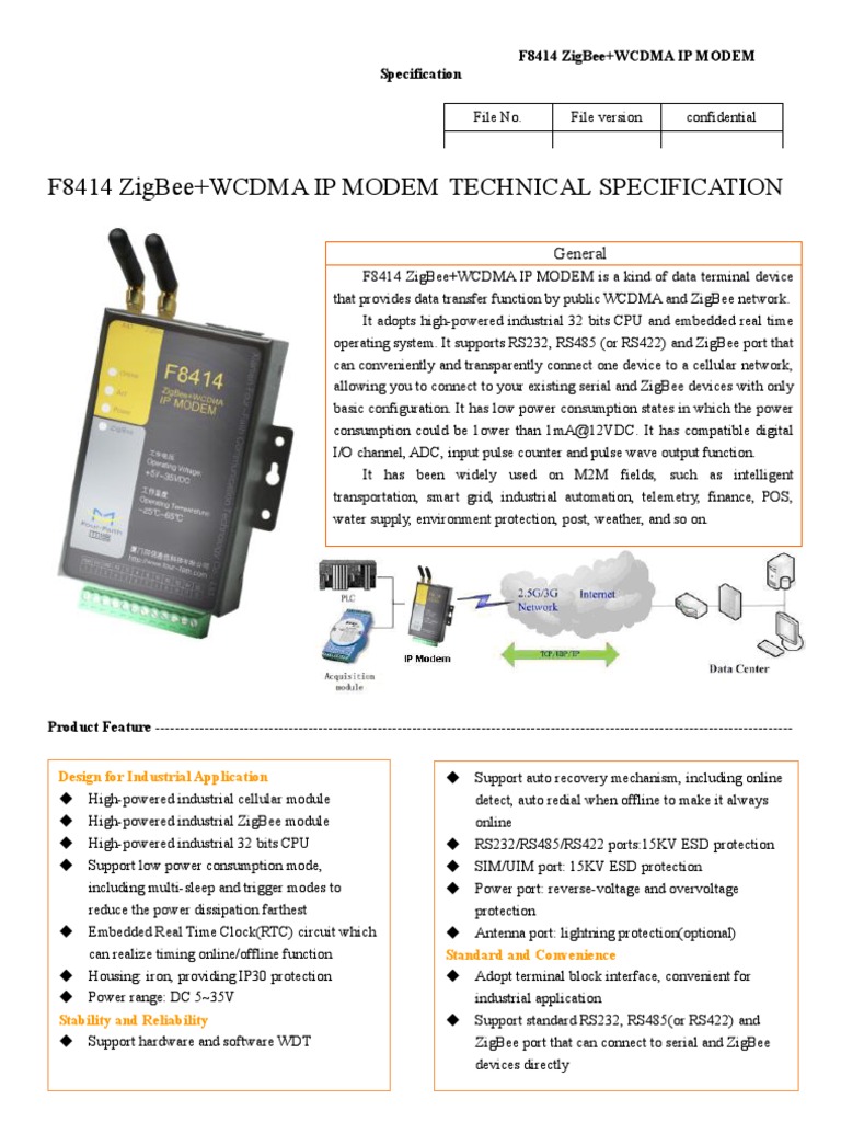 f8414 Zigbee Modem Technical Specification | PDF | High Speed Packet ...