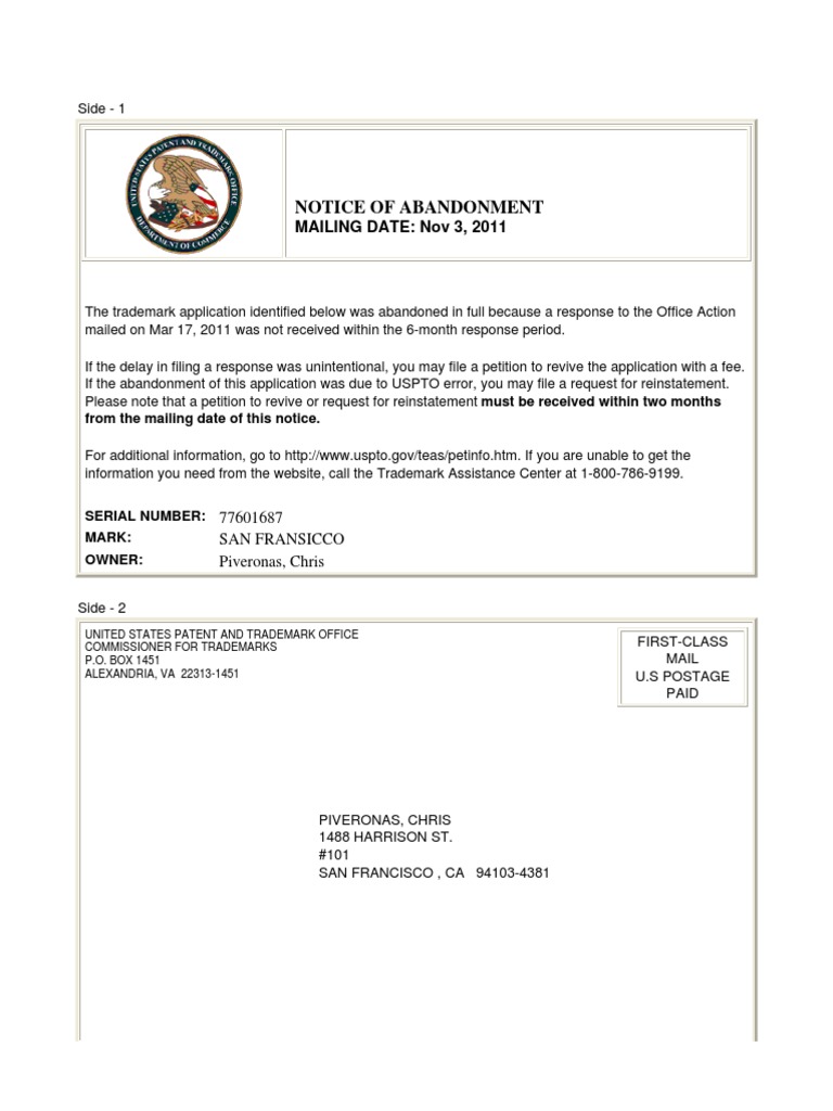 Chris Piveronas SOMA San Francisco Notice of Abandonment USPTO ...