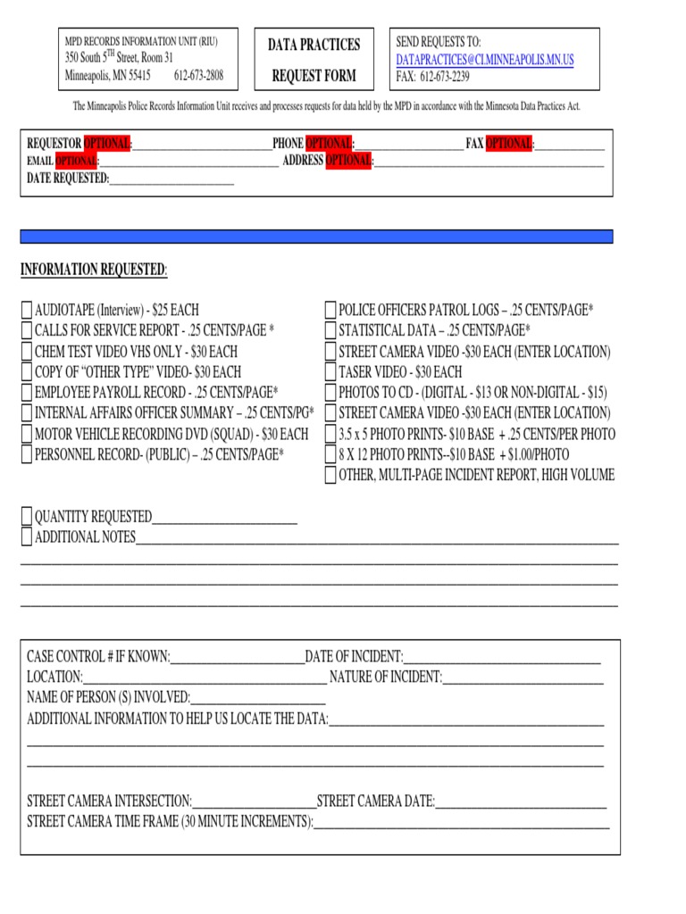 Minneapolis Police MGDPA Data Practices Request Form - MPD Records Information Unit | PDF ...