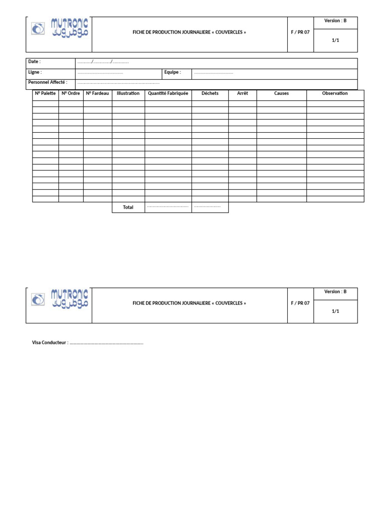 Fiche de Production Journaliere « Couvercles » (1) | PDF