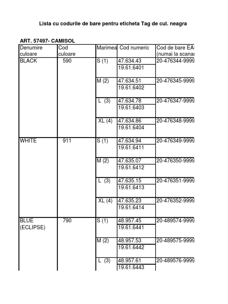 Lista Cu Codurile de Bare Pentru Eticheta Tag de Cul. Neagra | PDF ...
