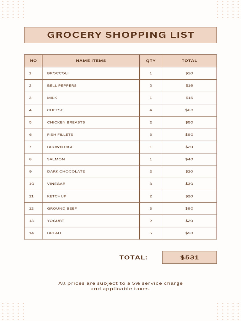 Brown Minimalist Table Grocery Shopping List | PDF | Yogurt | Cheese