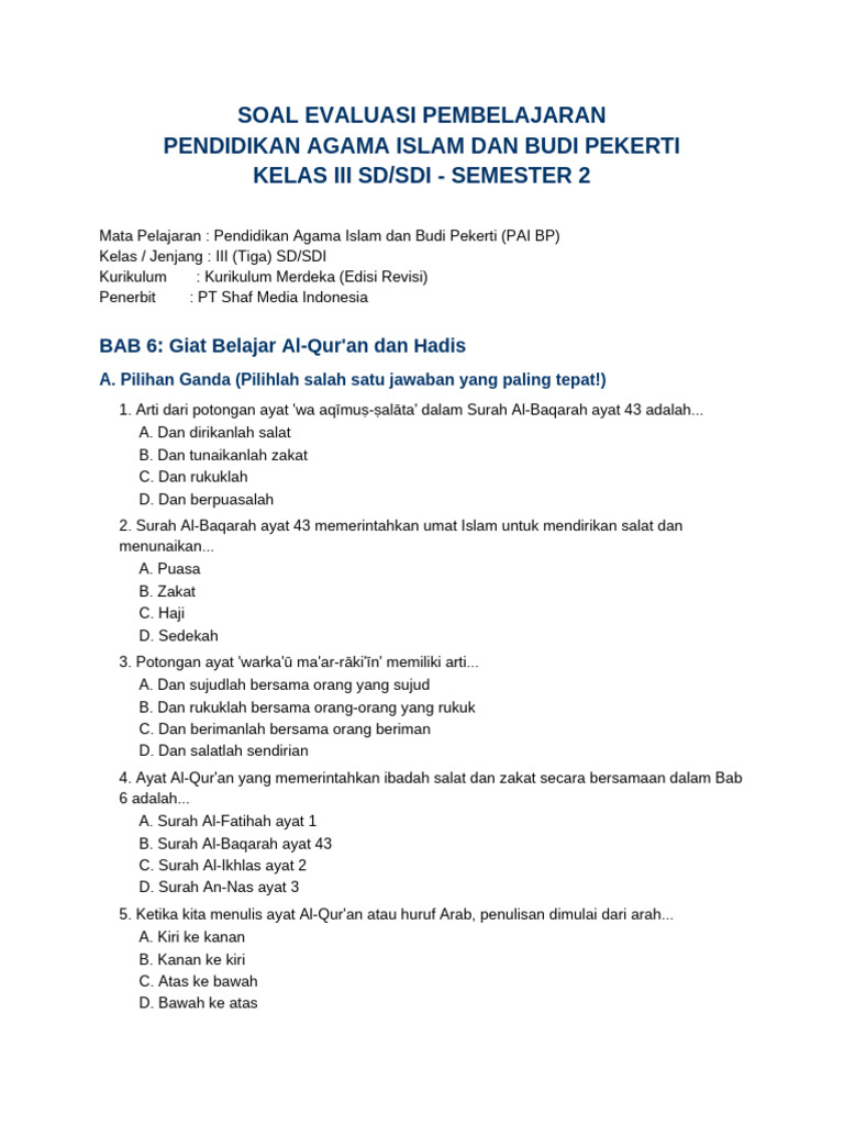 Kumpulan Soal PAI Kelas 3 Bab 6 10 Revisi | PDF