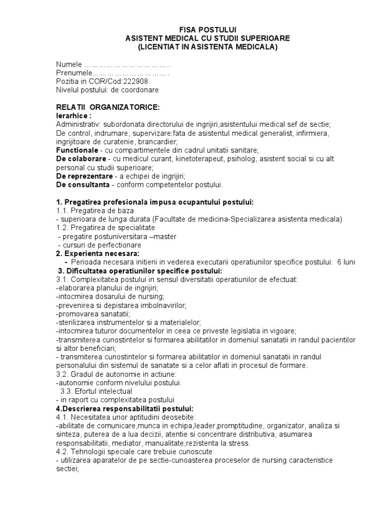 Fisa Postului Asistent Medical | PDF