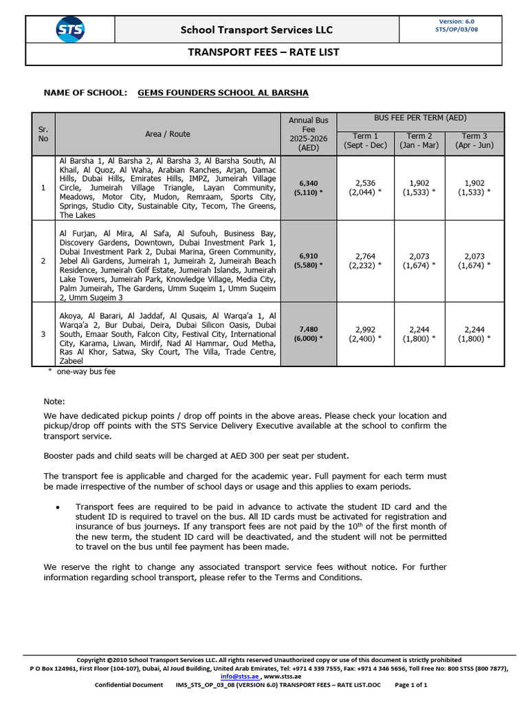 Bus Fees - GEMS Founder School Al Barsha 2025-26 | PDF | Dubai ...