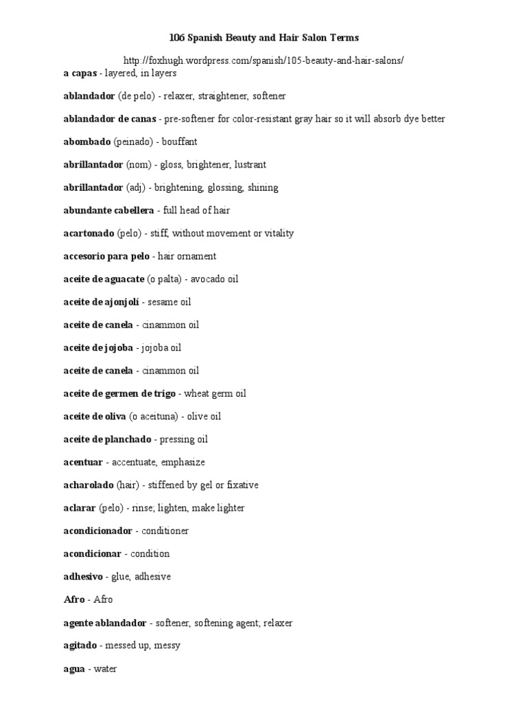 106 Spanish Beauty and Hair Salon Terms | PDF | Hairstyle | Hair