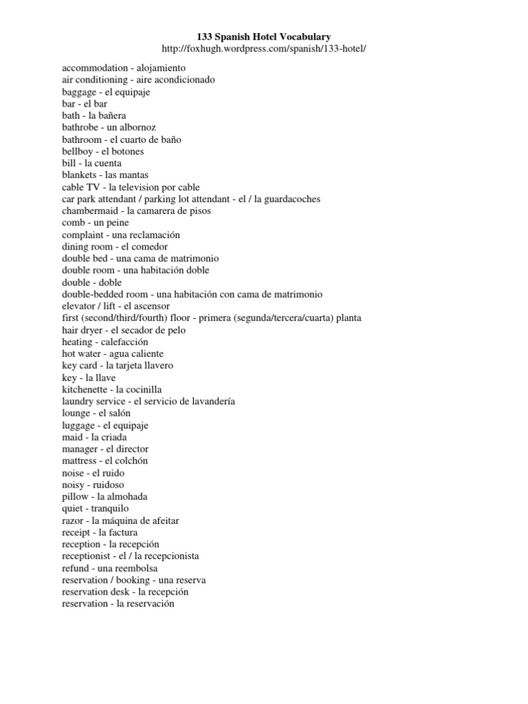 133 Spanish Hotel Vocabulary | PDF