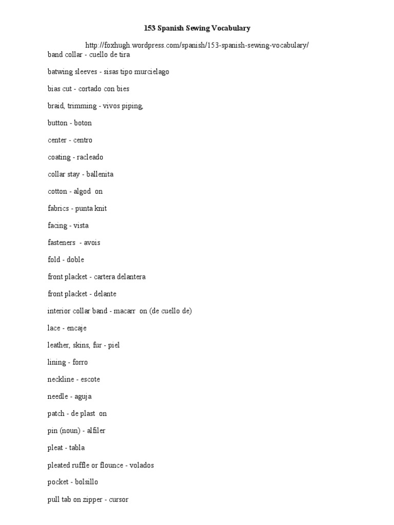 153 Spanish Sewing Vocabulary | PDF | Lifestyle