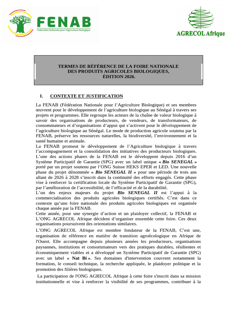 TDR de la foire des produits agricoles biologique de 2026 | PDF ...
