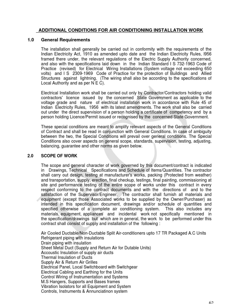 Additional Conditions For Air Conditioning Installation Work 1.0 General Requirements | PDF ...