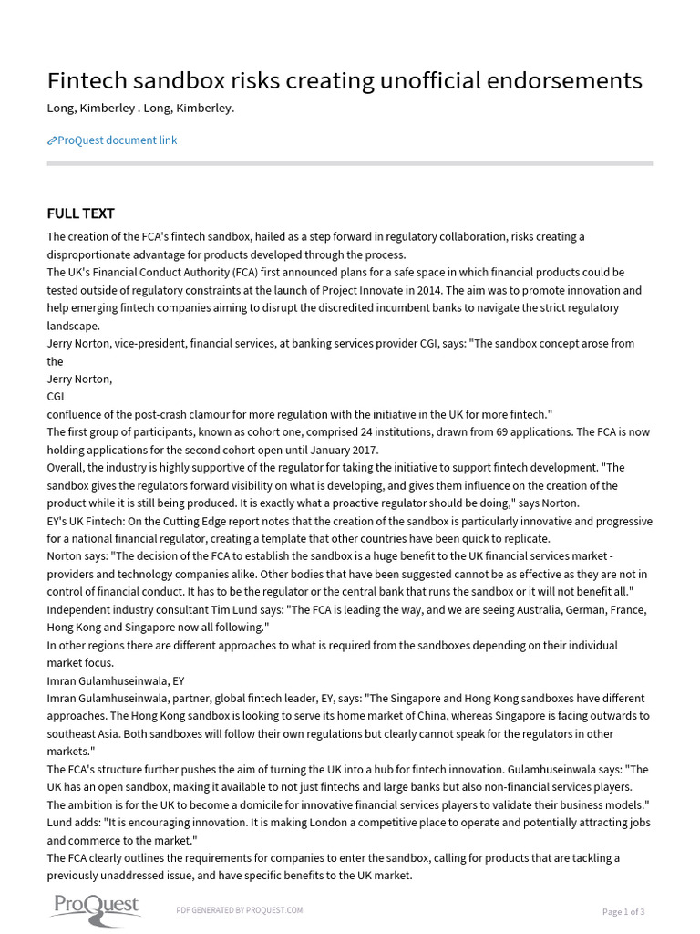 Fintech Sandbox Risks Creating Unofficial Endorsements | PDF