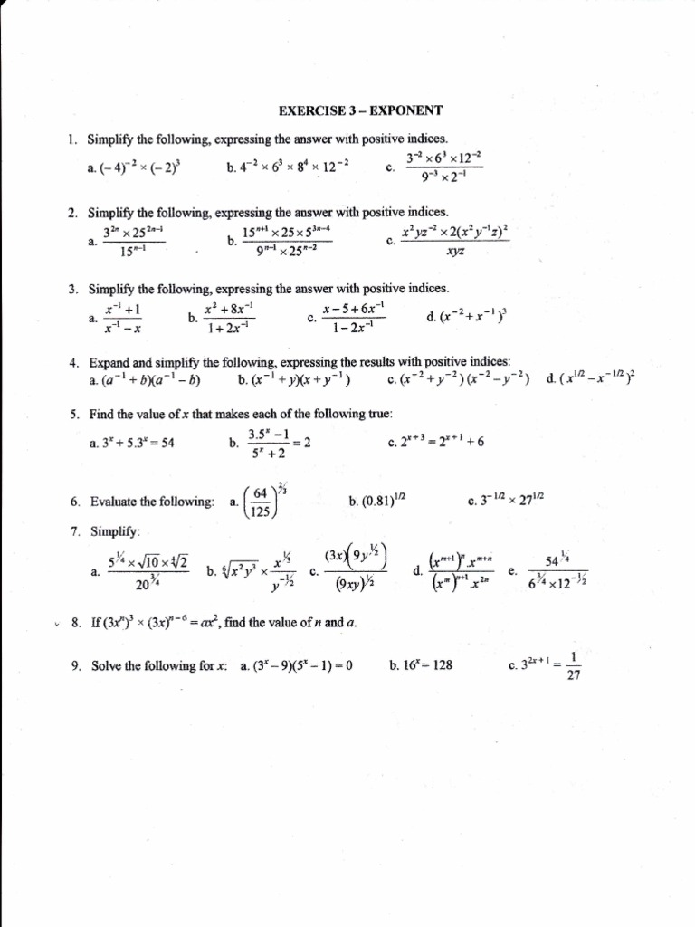 Simplifying Exponents and Indices Exercises | PDF