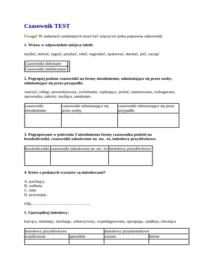 Czasownik TEST PDF | PDF