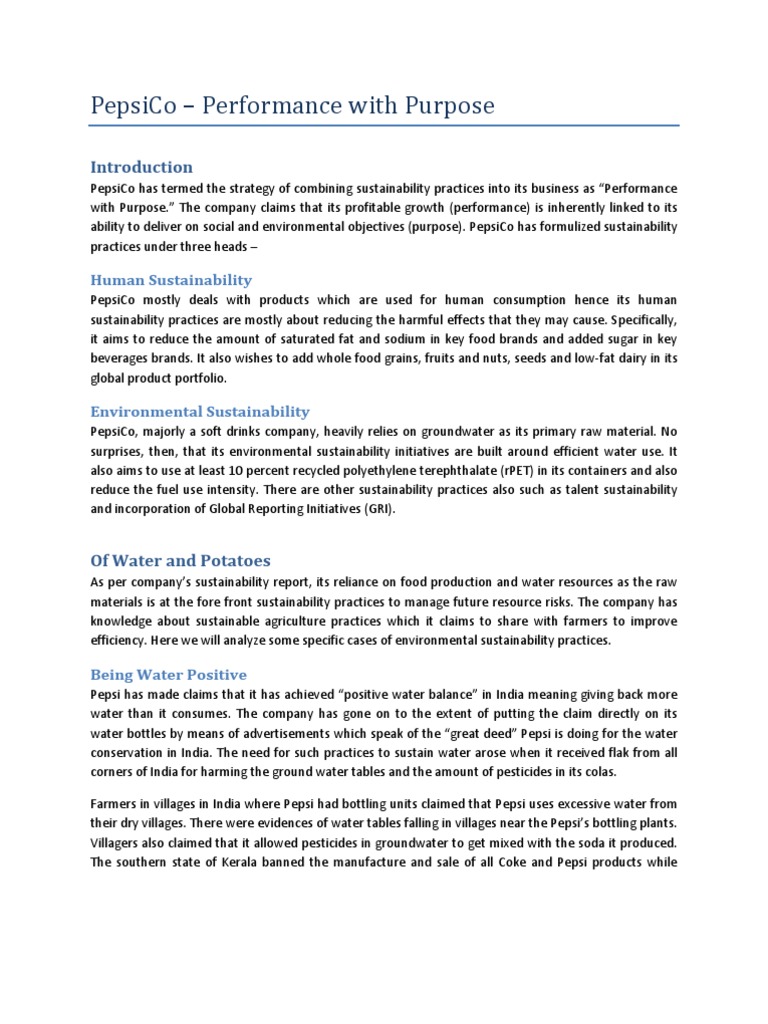 PepsiCo - Performance With Purpose | PDF | Pepsi Co | Water Resources