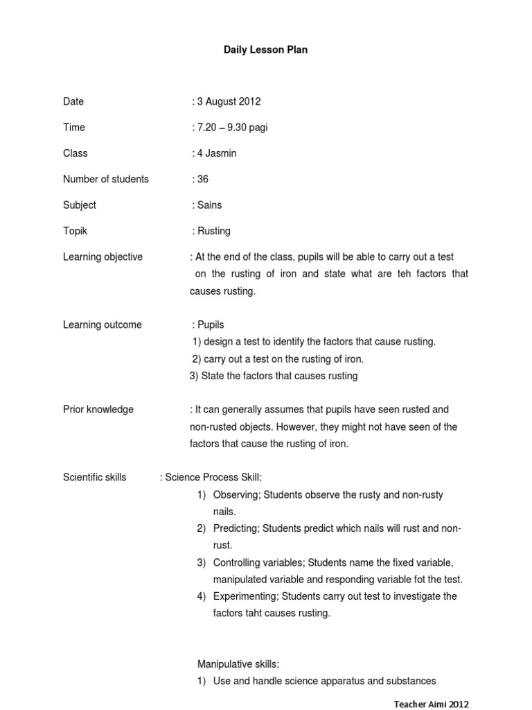 Daily Lesson Plan Rusting | PDF | Experiment | Lesson Plan