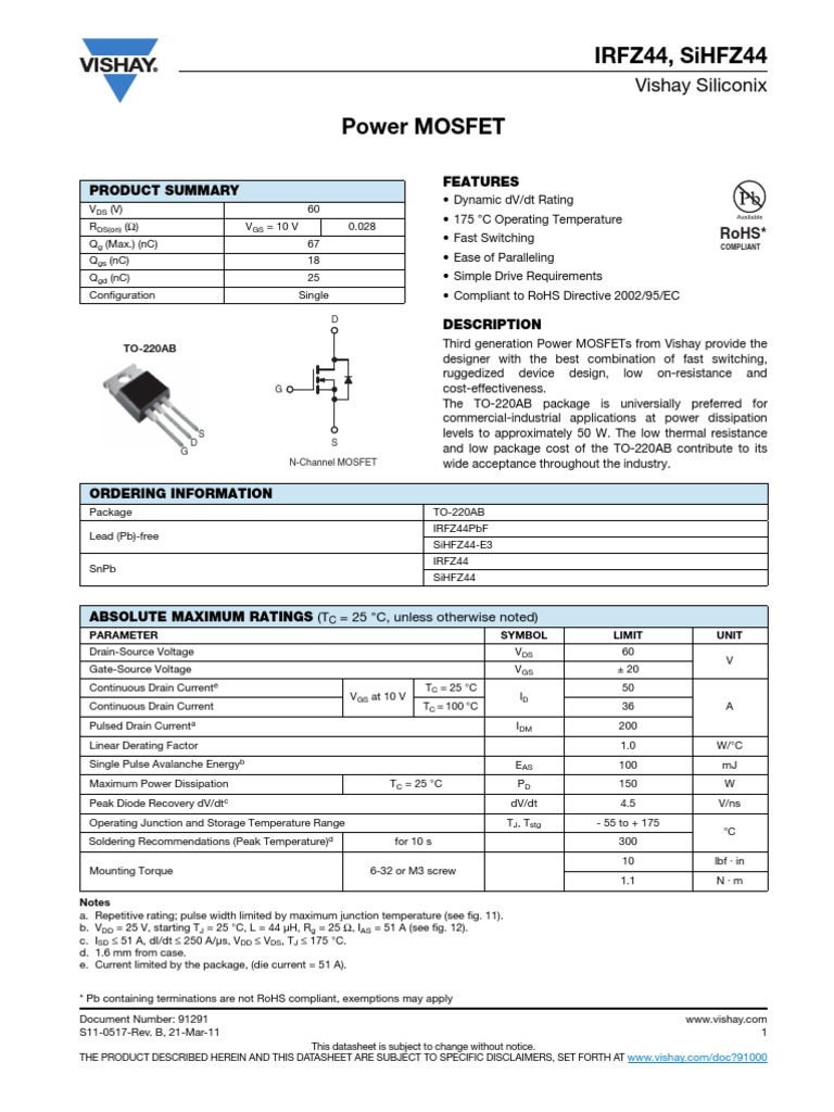IRFZ44 Data Sheet | PDF | Field Effect Transistor | Diode