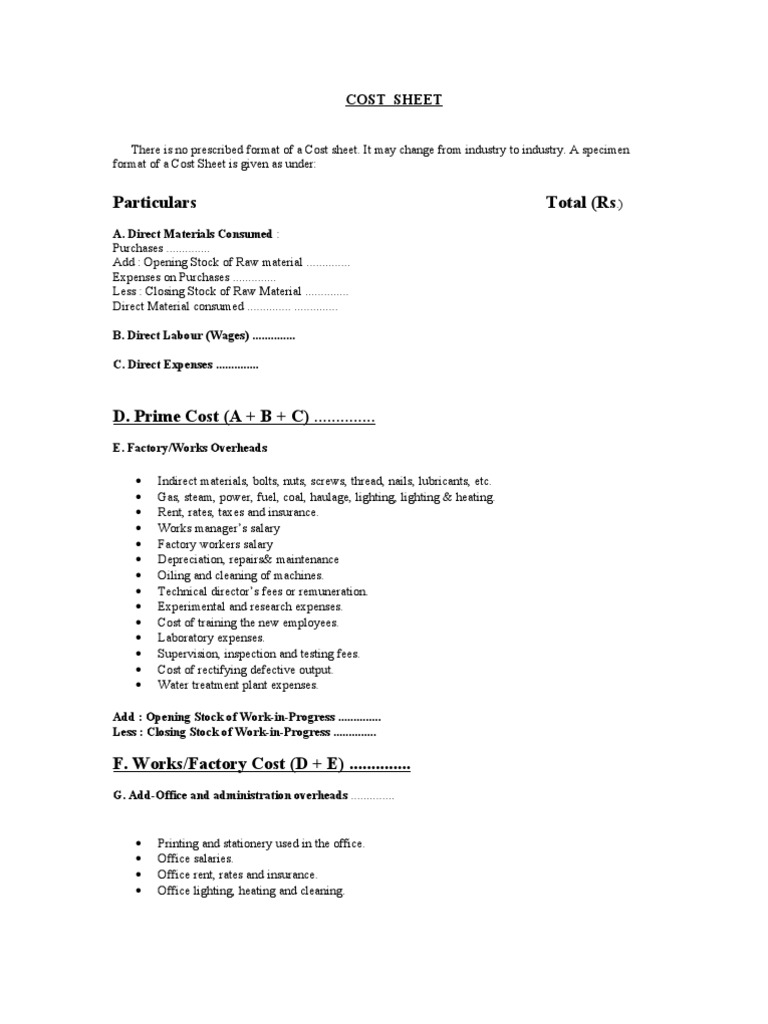 Cost Sheet Format and Example | PDF | Finance & Money Management ...